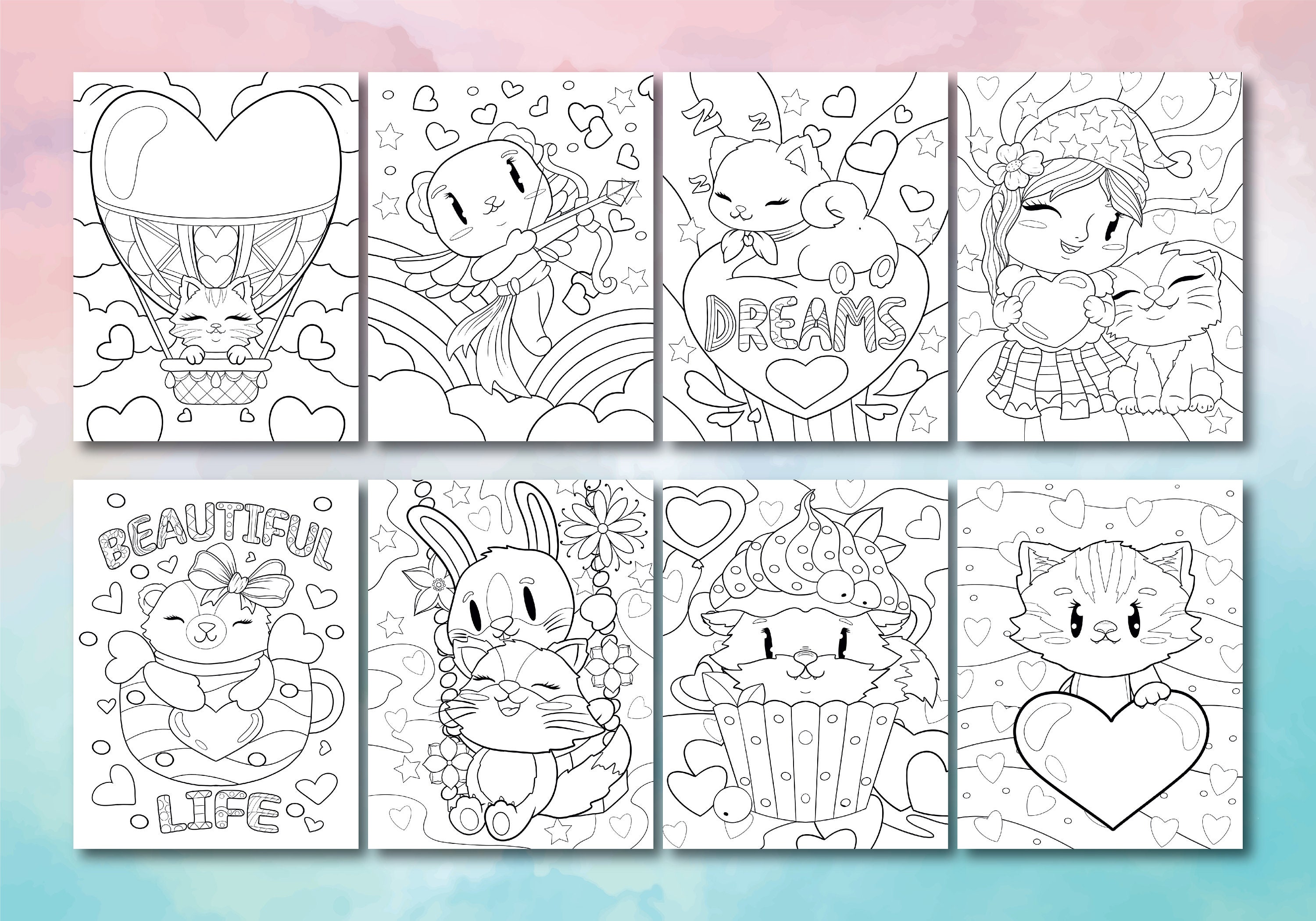 Kawaii Cat Coloring Pages Adorable Cat Coloring Cute Cat - Etsy UK