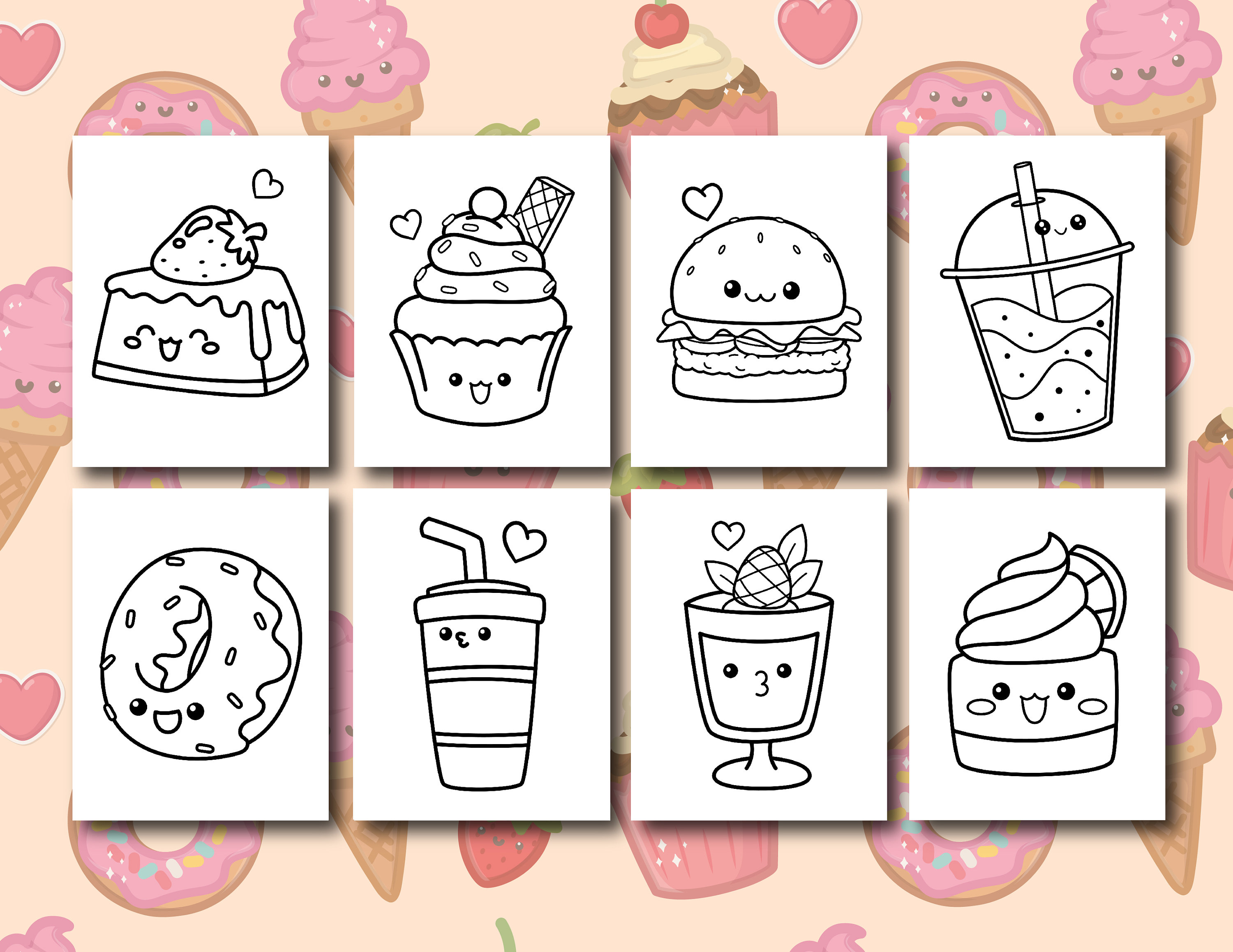 Kids Coloring Page: Cute Kawaii Food Coloring Page, 25 Pages Coloring ...