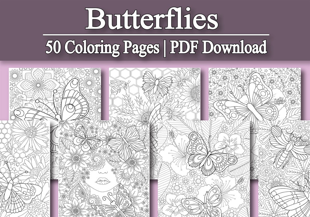 Adult Coloring Book: Butterfly Coloring Pages | 50 Digital Coloring ...