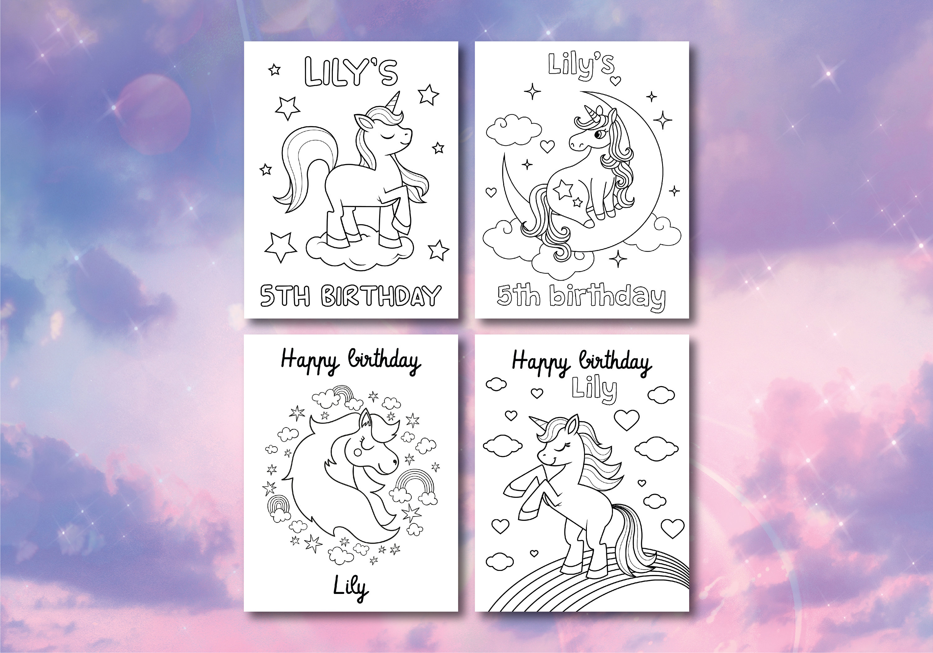 Custom Unicorn Party Coloring Pages, Personalized Unicorn Birthday ...