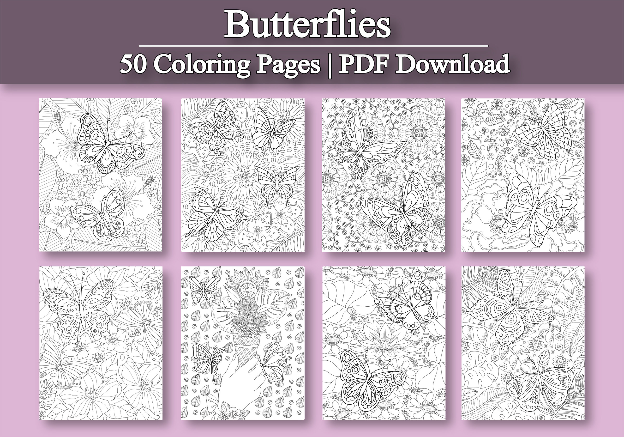 Adult Coloring Book: Butterfly Coloring Pages 50 Digital - Etsy