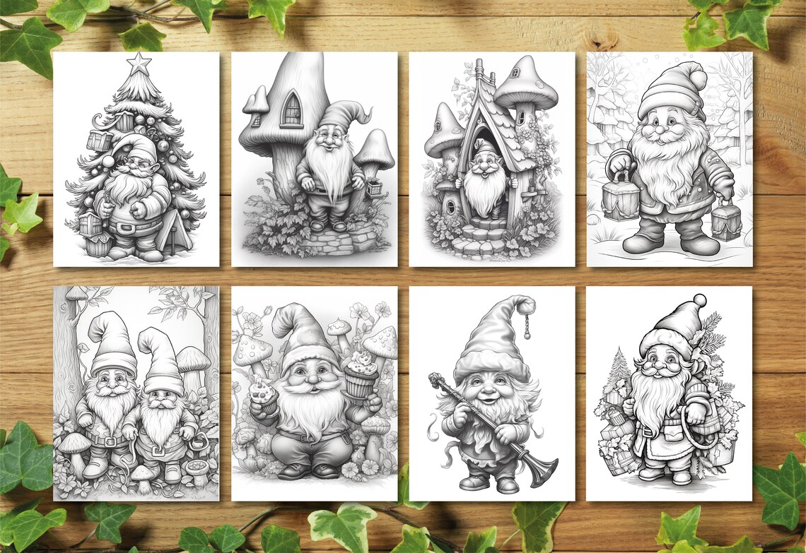 Santa Gnomes Coloring Pages, Christmas Gnomes Coloring Pages, Grayscale ...