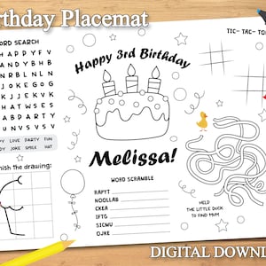 Printable Birthday Placemat, Kids Activity Table Mat, Birthday Coloring ...