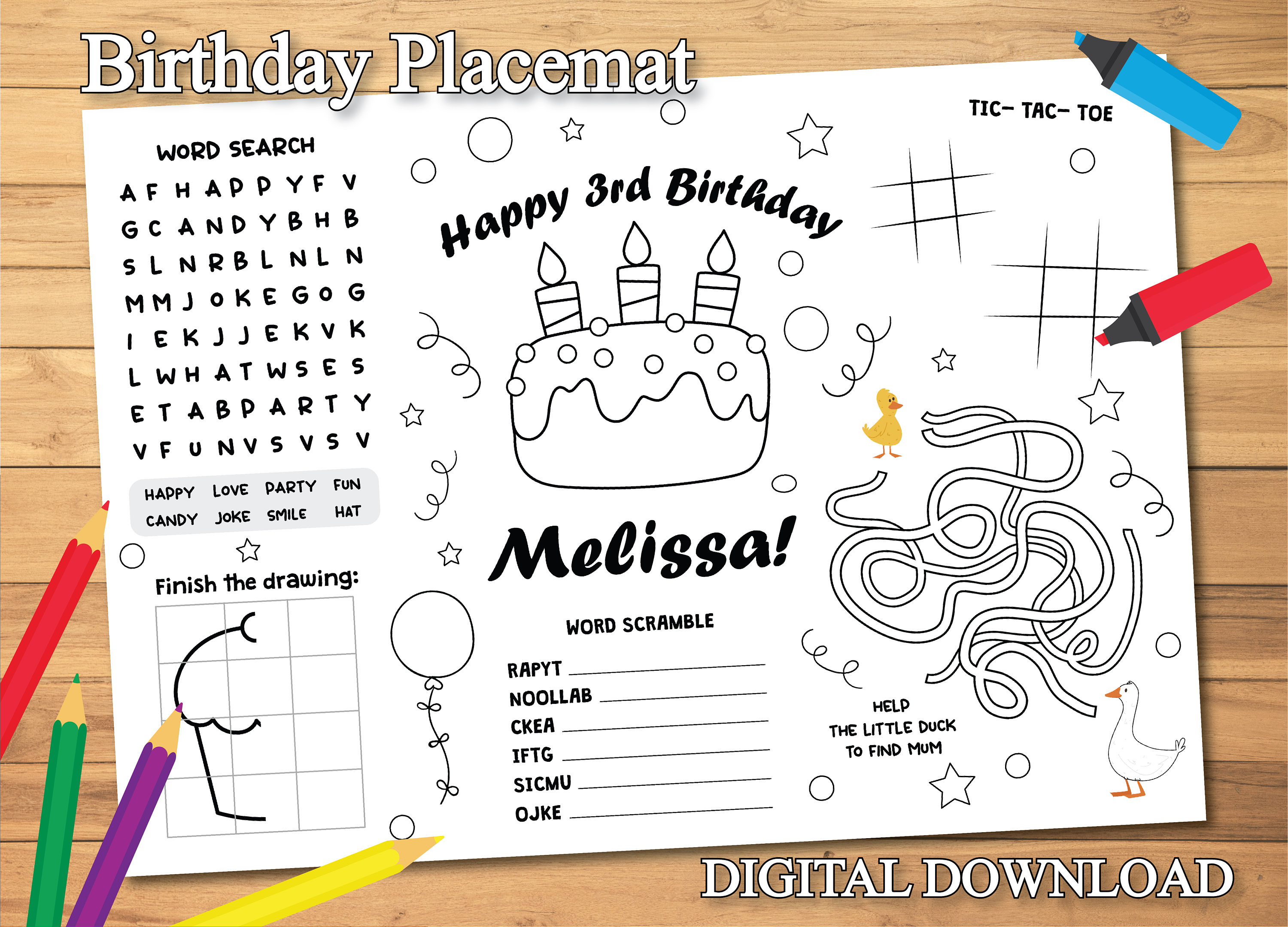 Printable Birthday Placemat, Kids Activity Table Mat, Birthday Coloring ...