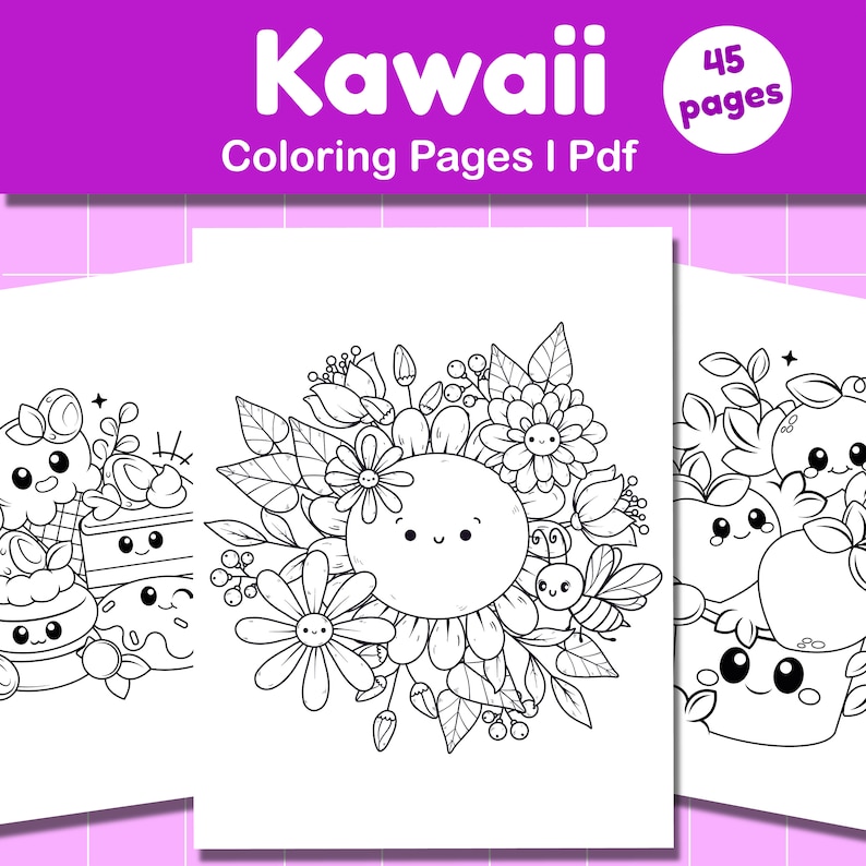 Kawaii Coloring Pages, Cute Coloring Pages, 45 Pages, PDF | Digital ...