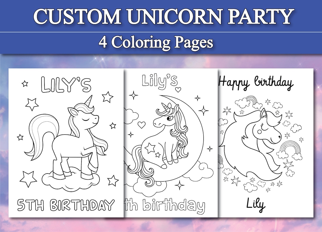 Custom Unicorn Party Coloring Pages, Personalized Unicorn Birthday ...