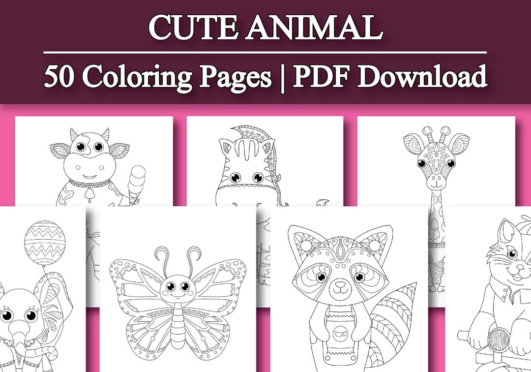 Kids Coloring Book: Cute Animal Coloring Pages | 50 Digital Coloring ...