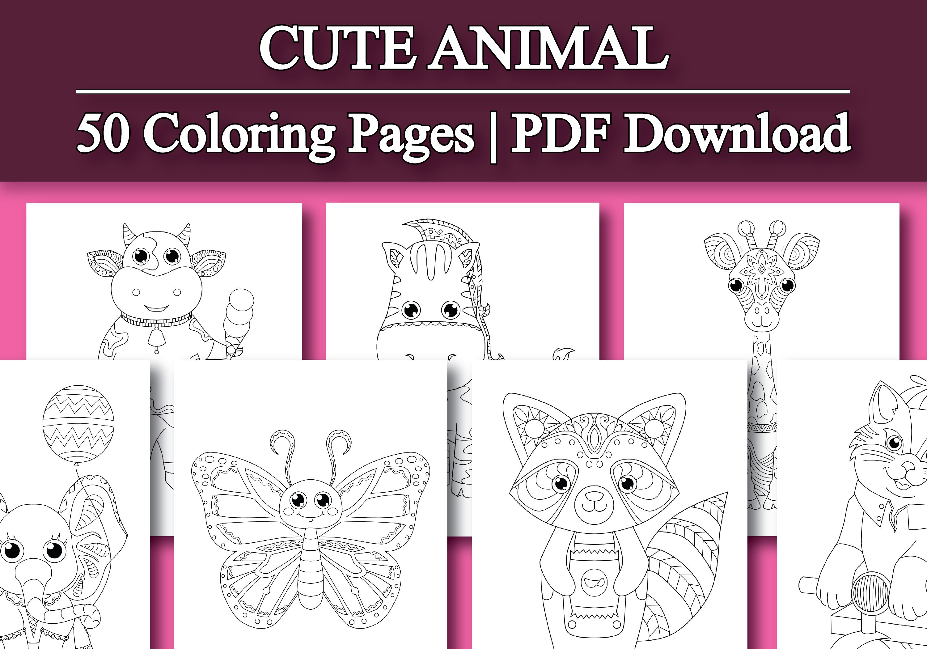 Kids Coloring Book: Cute Animal Coloring Pages 50 Digital Coloring ...