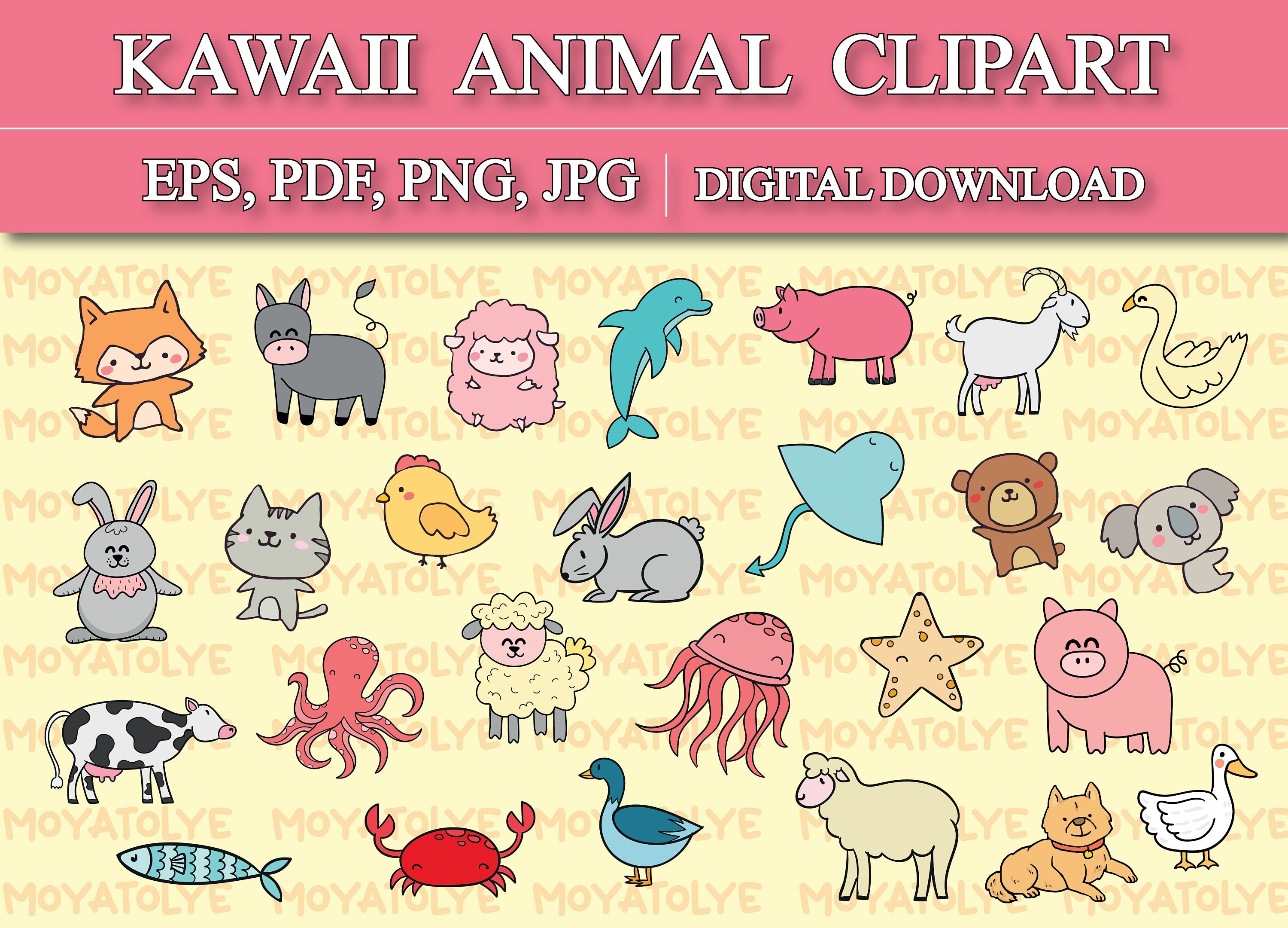 Kawaii Animal Clipart, Kawaii Animal PNG, Cute Animal EPS, Kawaii ...