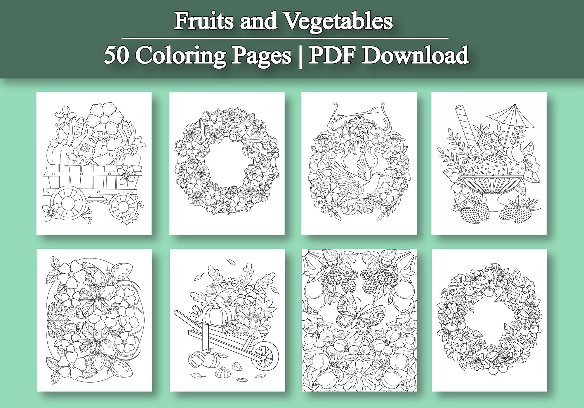 Adult Coloring Book: Fruits and Vegetables Coloring Pages for Adults ...