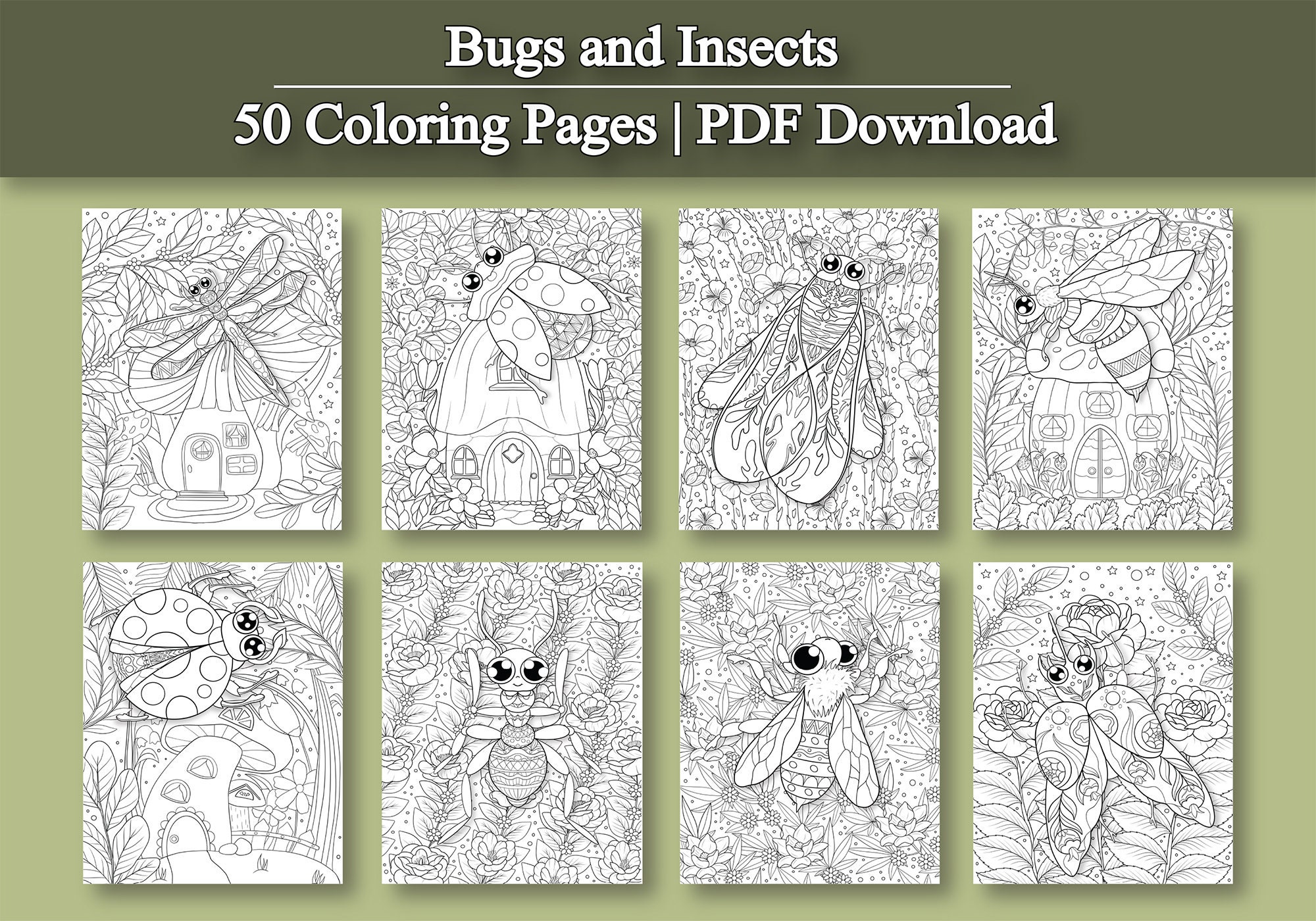 Adult Coloring Book: Bugs and Insects Adult Coloring Pages | 50 Digital ...