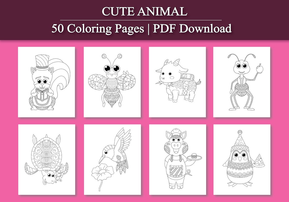Kids Coloring Book: Cute Animal Coloring Pages | 50 Digital Coloring ...