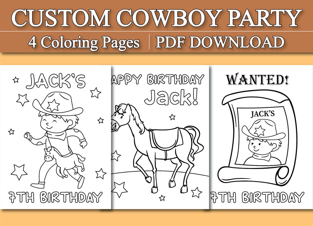 Personalized Cowboy Party Coloring Pages, Custom Cowboy Birthday Party ...