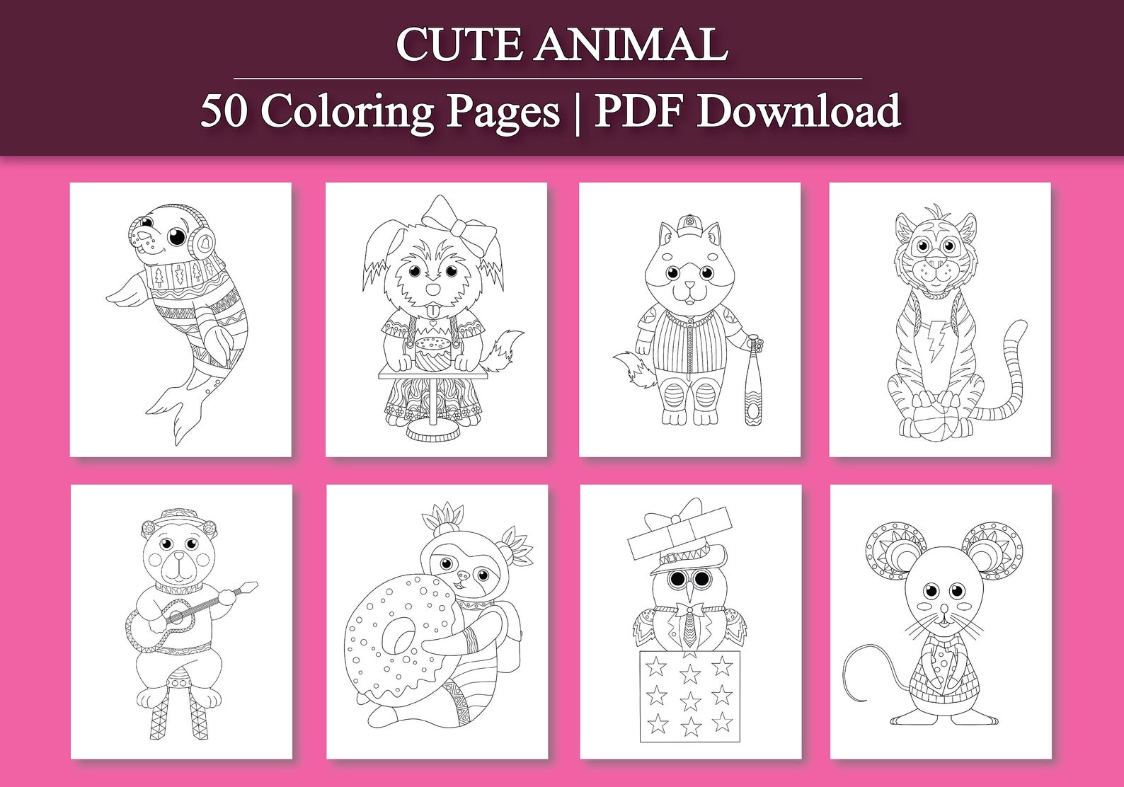 Kids Coloring Book: Cute Animal Coloring Pages | 50 Digital Coloring ...