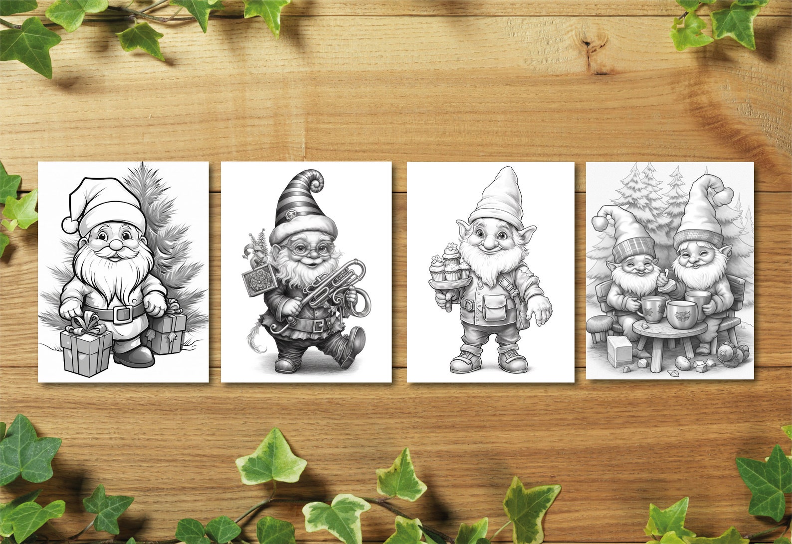 Santa Gnomes Coloring Pages, Christmas Gnomes Coloring Pages, Grayscale ...