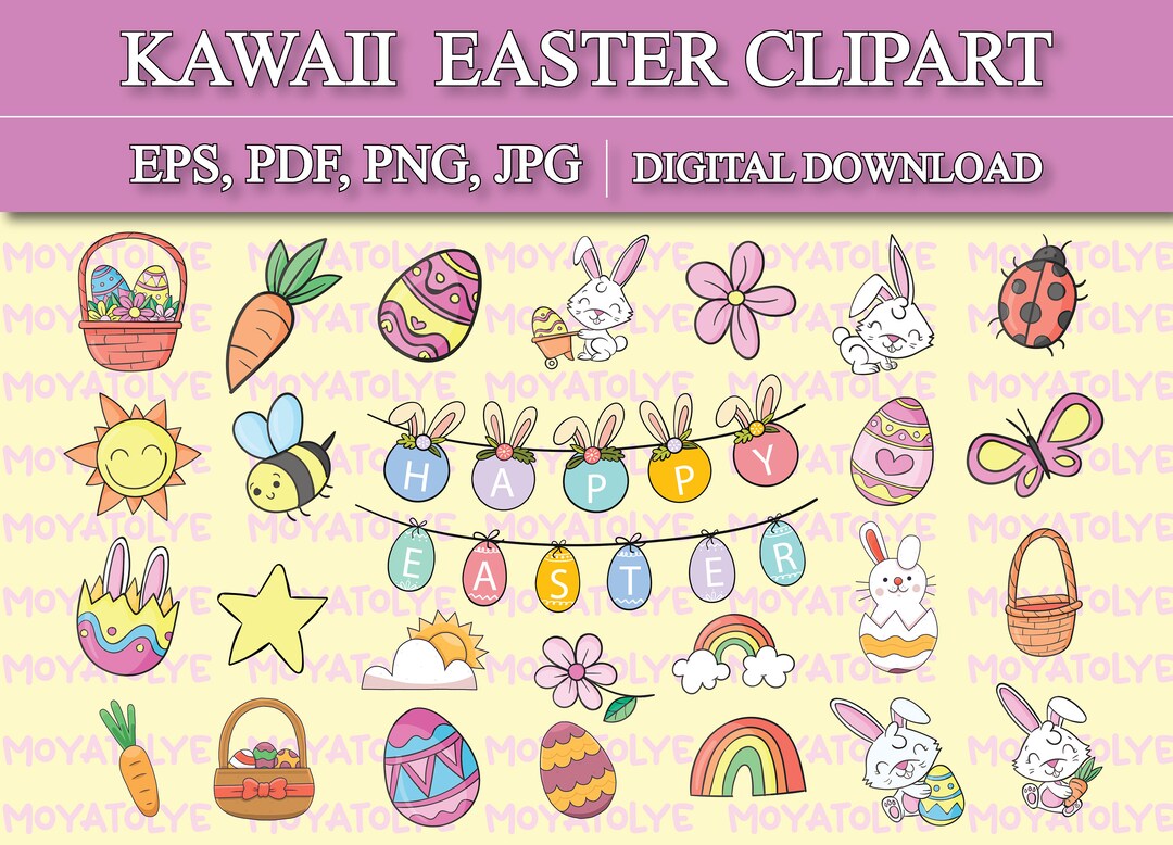 Kawaii Easter Clipart, Cute Easter Bunny Clipart, Cute Easter PNG, Cute ...