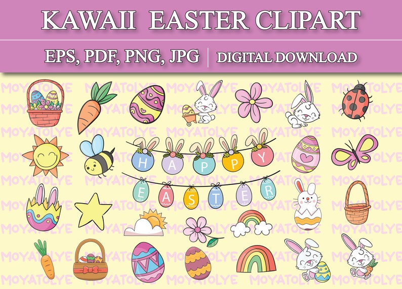 Kawaii Easter Clipart, Cute Easter Bunny Clipart, Cute Easter PNG, Cute ...