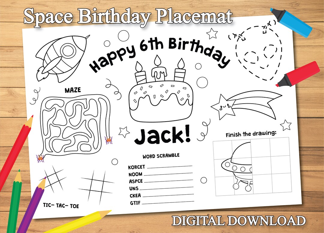 Space Birthday Coloring Placemat, Personalized Space Placemat, Activity ...