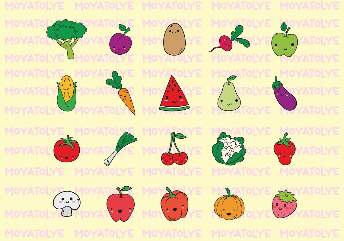 Kawaii Fruit and Vegetables Clipart, Cute Fruit and Vegetables Vector ...