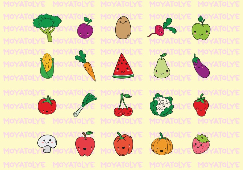 Kawaii Fruit and Vegetables Clipart, Cute Fruit and Vegetables Vector ...