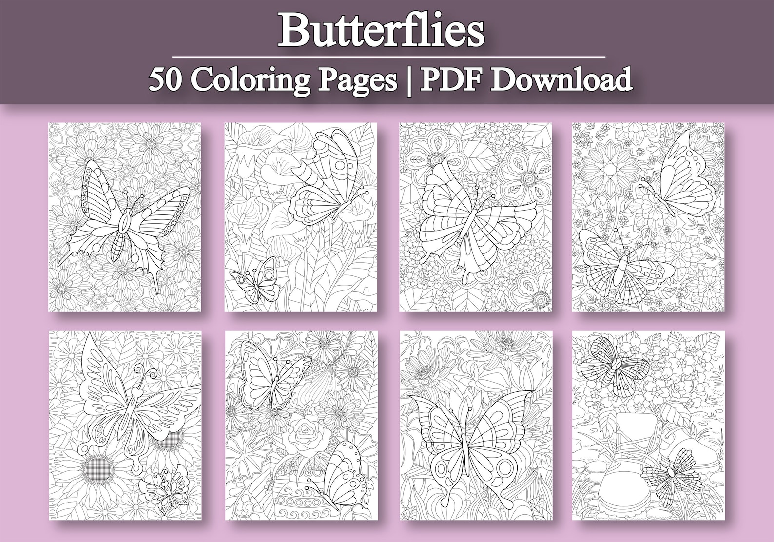 Adult Coloring Book: Butterfly Coloring Pages | 50 Digital Coloring ...