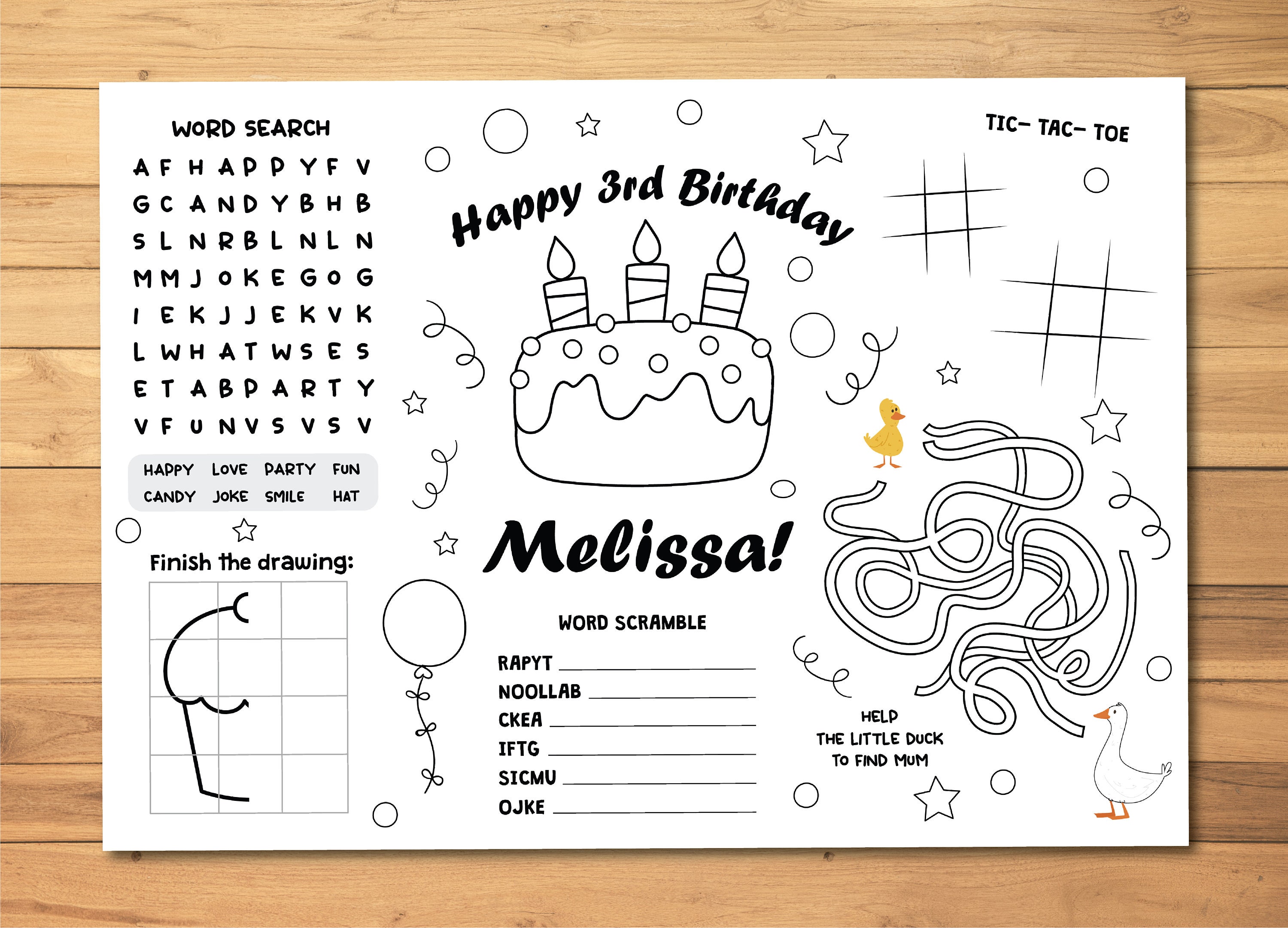 Printable Birthday Placemat, Kids Activity Table Mat, Birthday Coloring ...