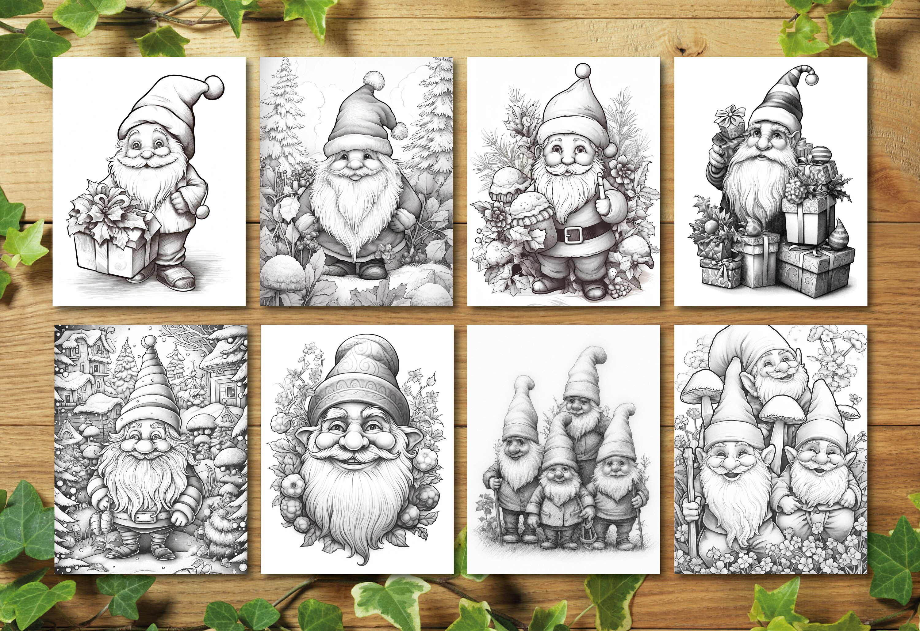 Santa Gnomes Coloring Pages, Christmas Gnomes Coloring Pages, Grayscale ...