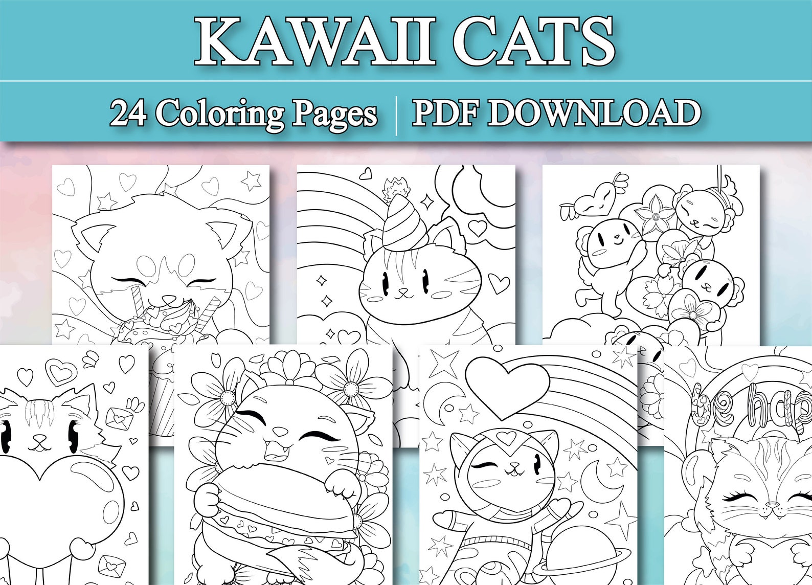 Kawaii Cat Coloring Pages Adorable Cat Coloring Cute Cat - Etsy