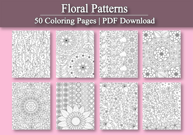 Adult Coloring Pages: Floral Pattern Coloring Book 50 - Etsy