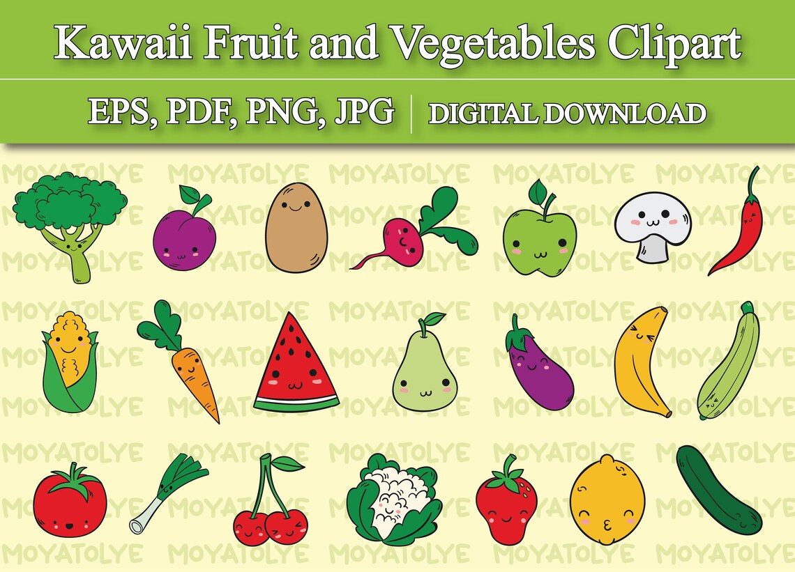 Kawaii Fruit and Vegetables Clipart, Cute Fruit and Vegetables Vector ...
