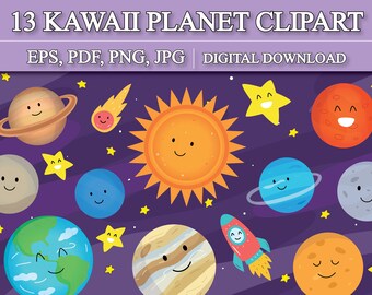 Solar System Clipart, Kawaii Planets Graphics, Space Clipart, Kawaii ...