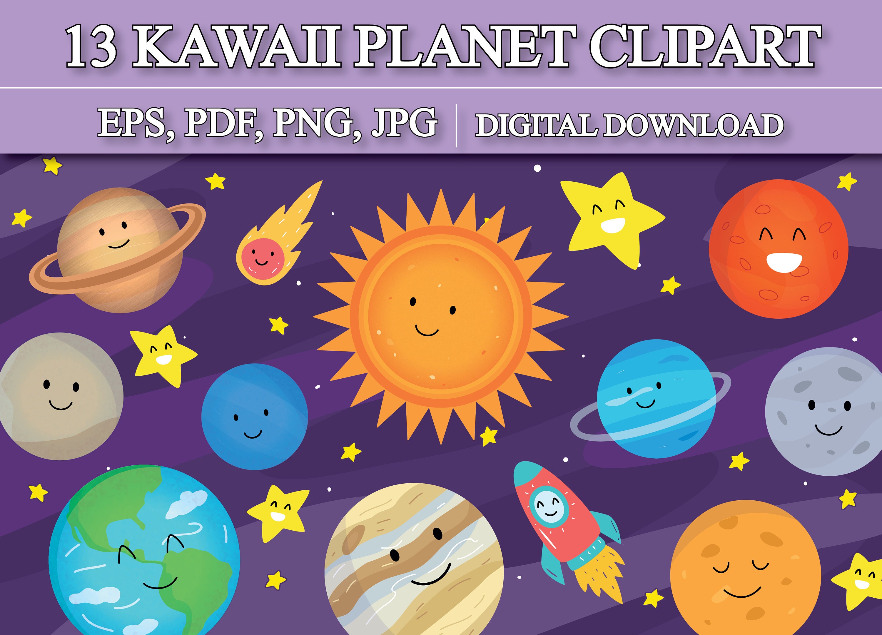 13 Kawaii Planet Clipart, Cute Cartoon Planets Clipart, Kawaii Space ...