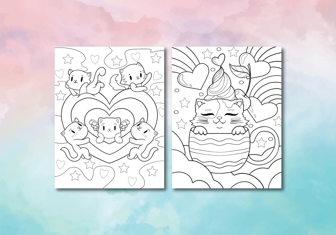 Kawaii Cat Coloring Pages Adorable Cat Coloring Cute Cat - Etsy