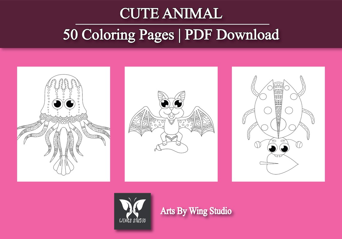 Kids Coloring Book: Cute Animal Coloring Pages | 50 Digital Coloring ...
