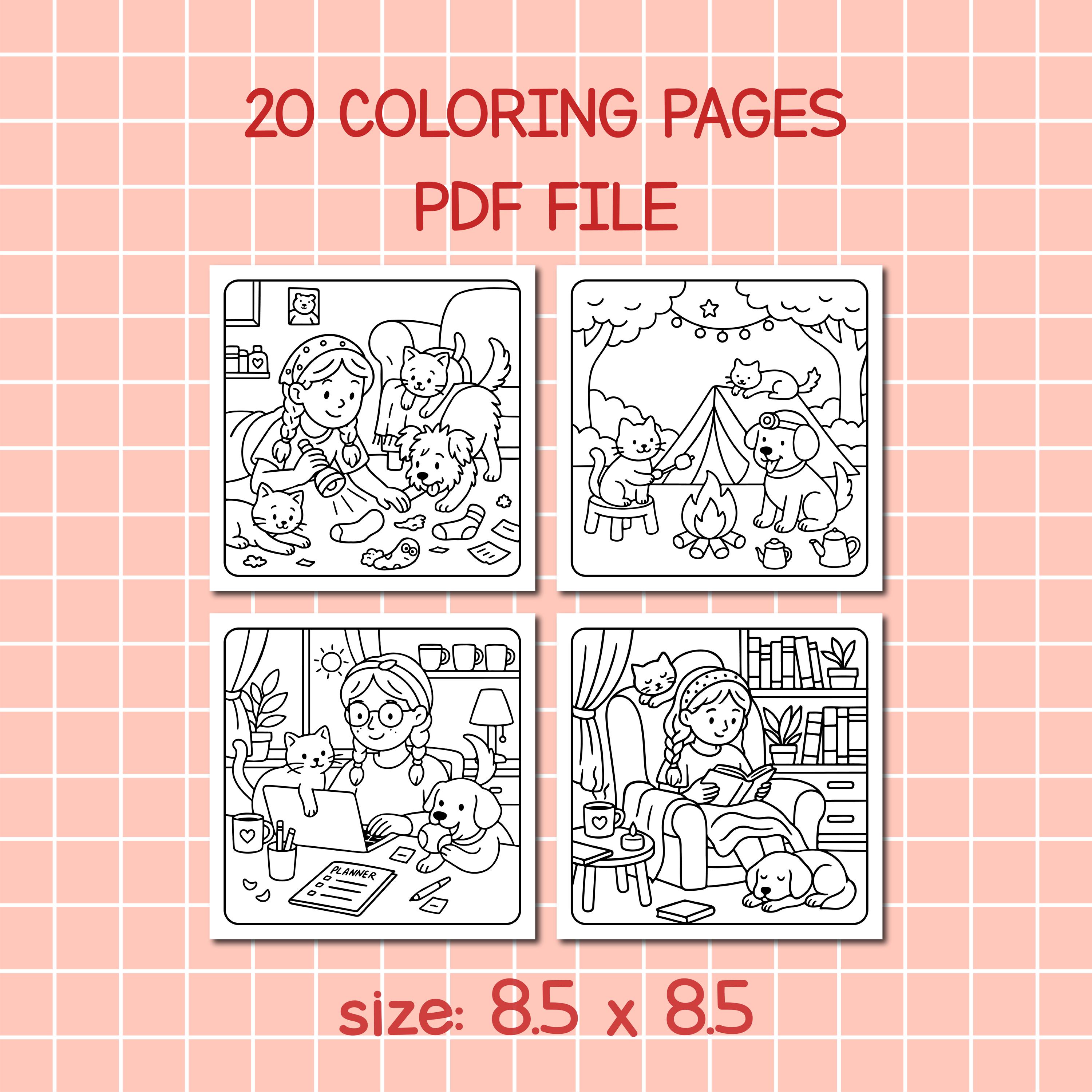 Cozy Pets Coloring Book: Cat & Dog Life, Playful Moments (digital ...