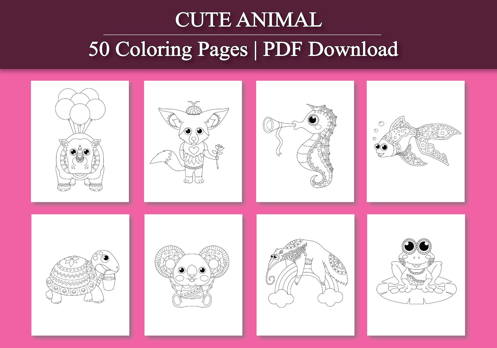 Kids Coloring Book: Cute Animal Coloring Pages | 50 Digital Coloring ...