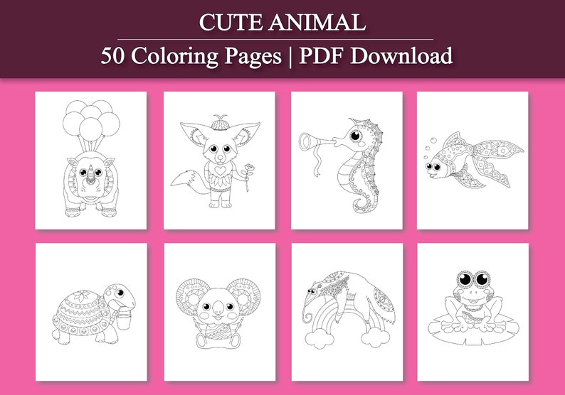 Kids Coloring Book: Cute Animal Coloring Pages | 50 Digital Coloring ...