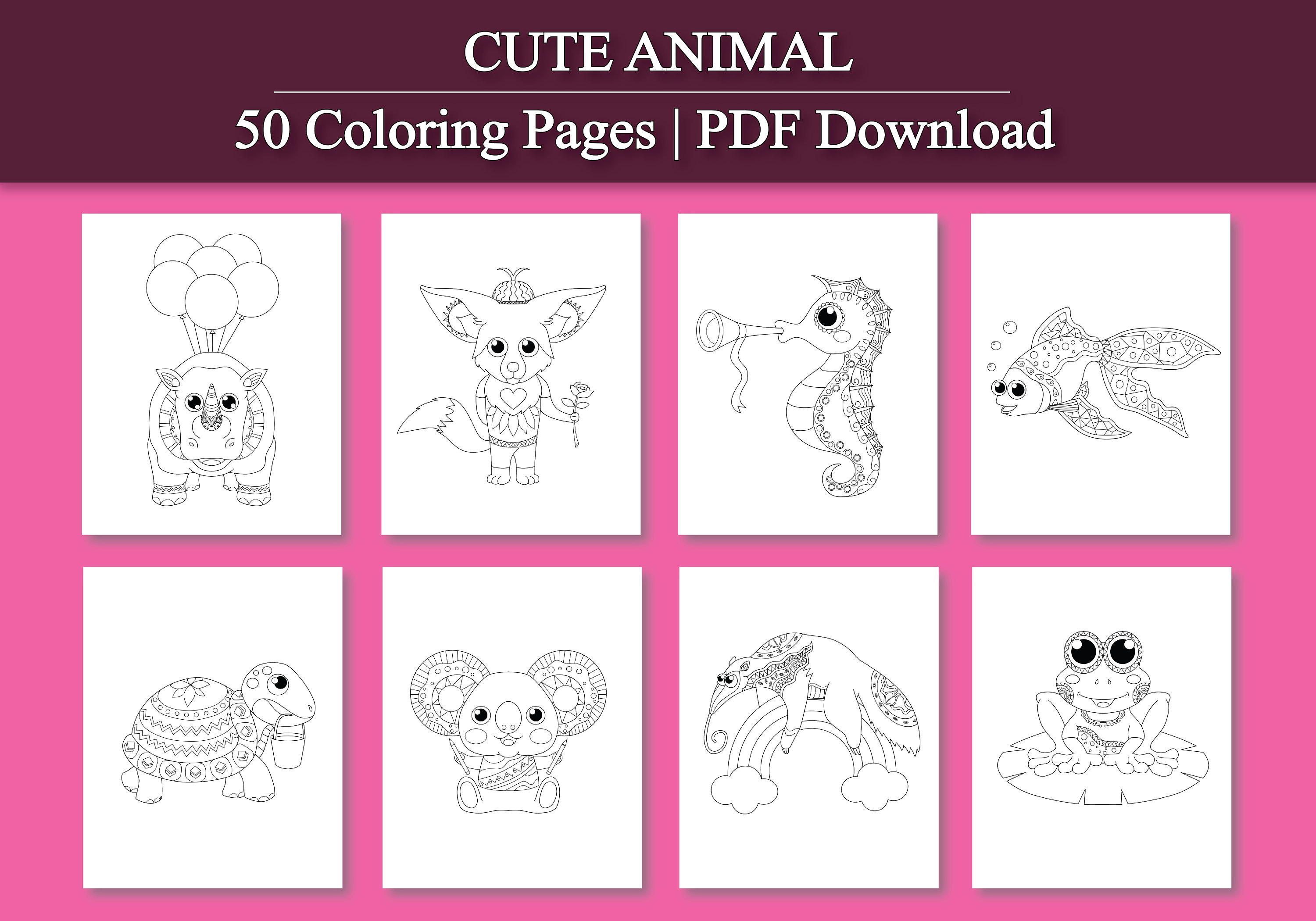 Kids Coloring Book: Cute Animal Coloring Pages 50 Digital Coloring ...