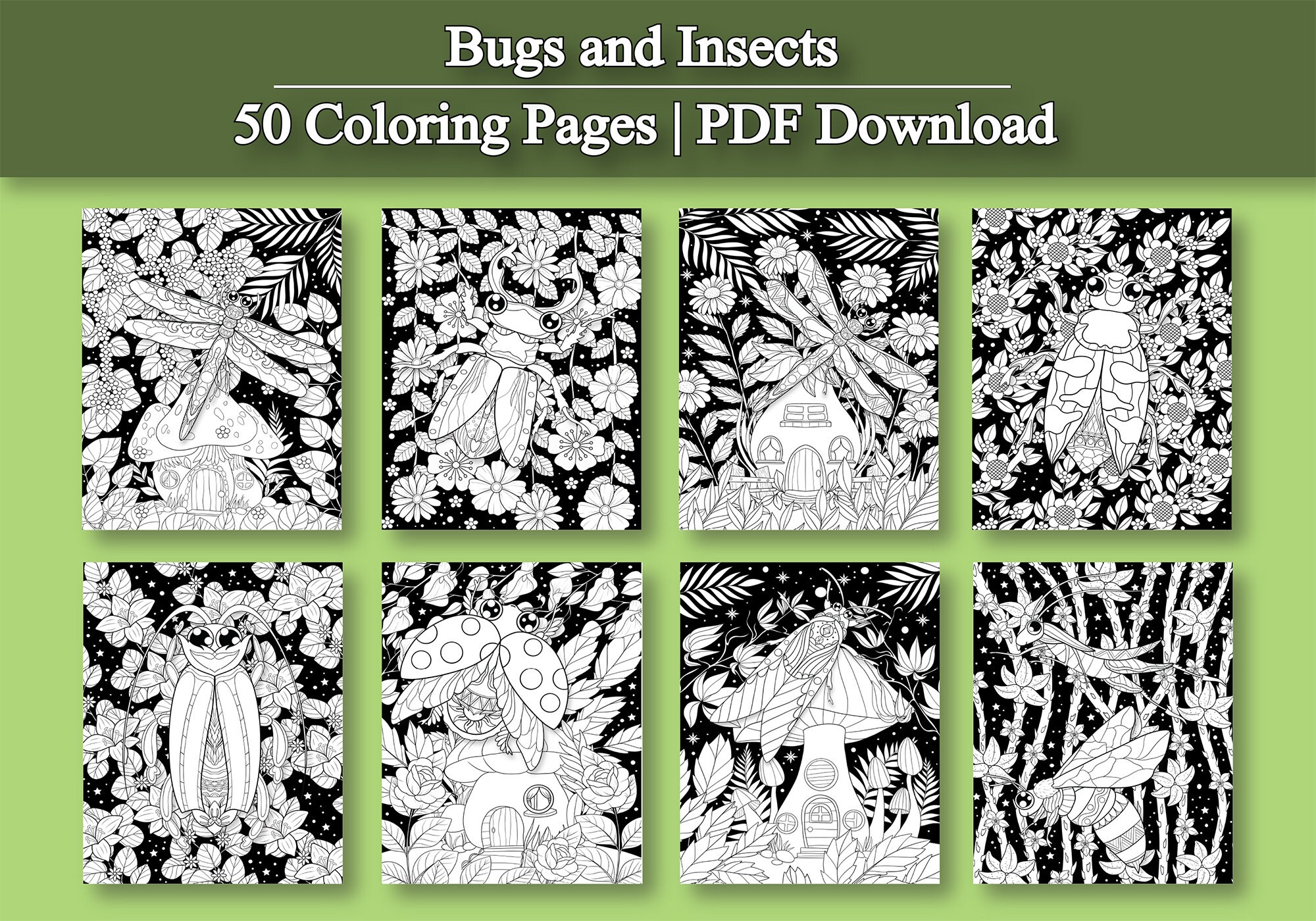 Adult Coloring Book: Midnight Bugs and Insects Adult Coloring Pages 50 ...