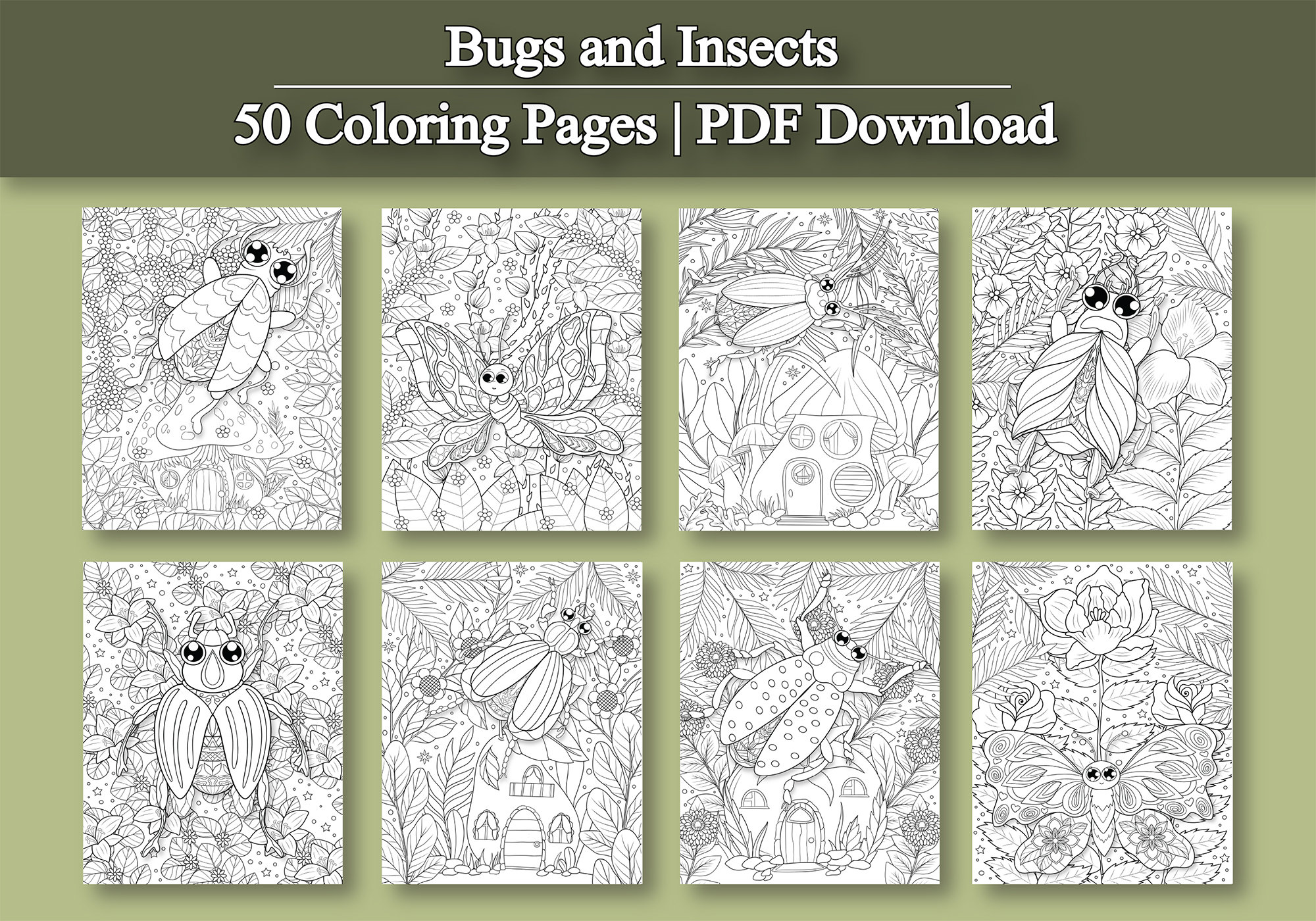 Adult Coloring Book: Bugs and Insects Adult Coloring Pages | 50 Digital ...