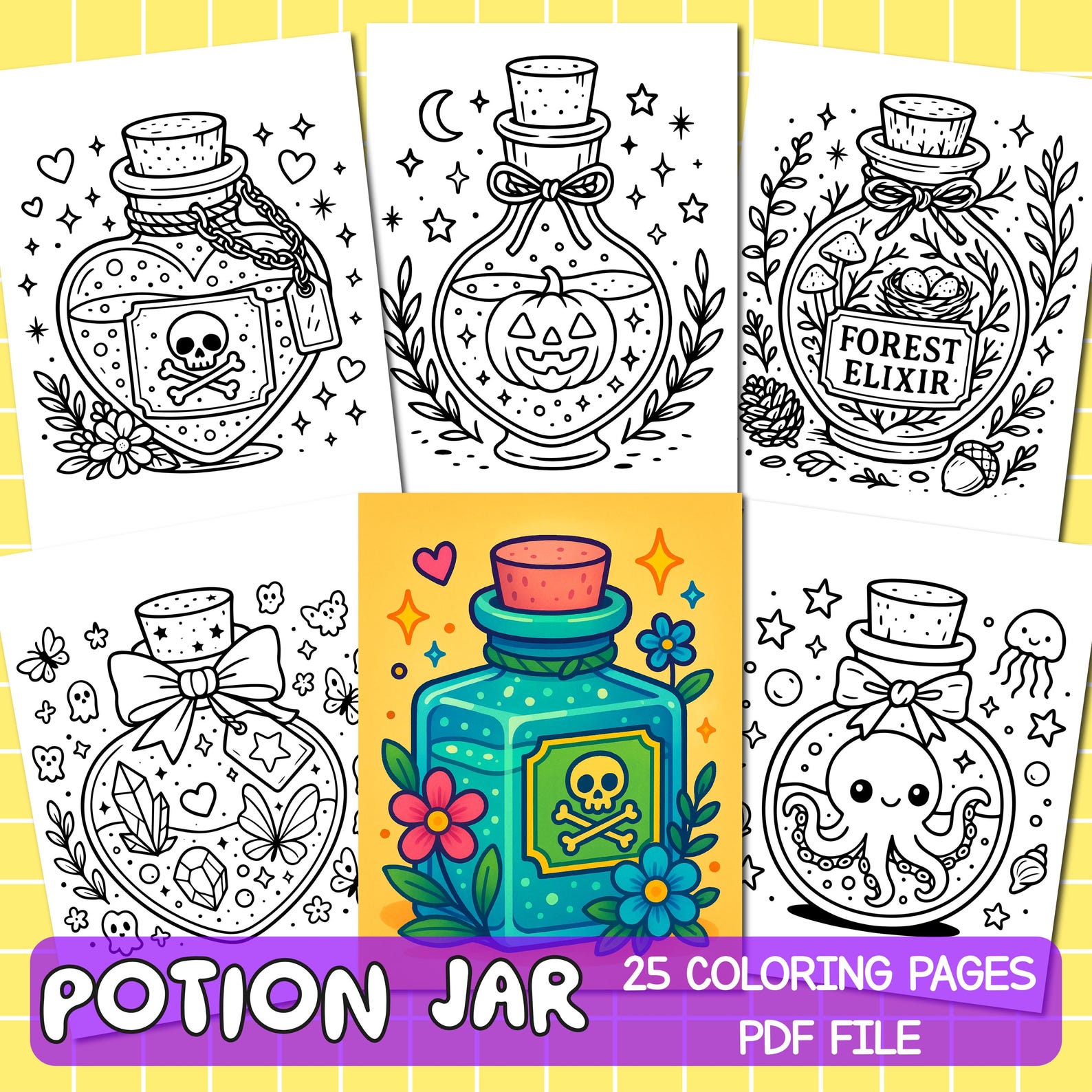 Magic Potion Bottle Coloring Book: Kawaii Art, 25 Pages (PDF Digital ...