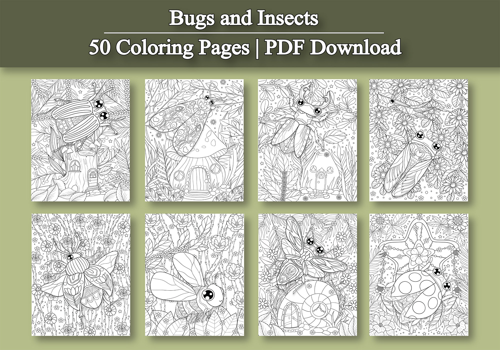 Adult Coloring Book: Bugs and Insects Adult Coloring Pages 50 Digital ...
