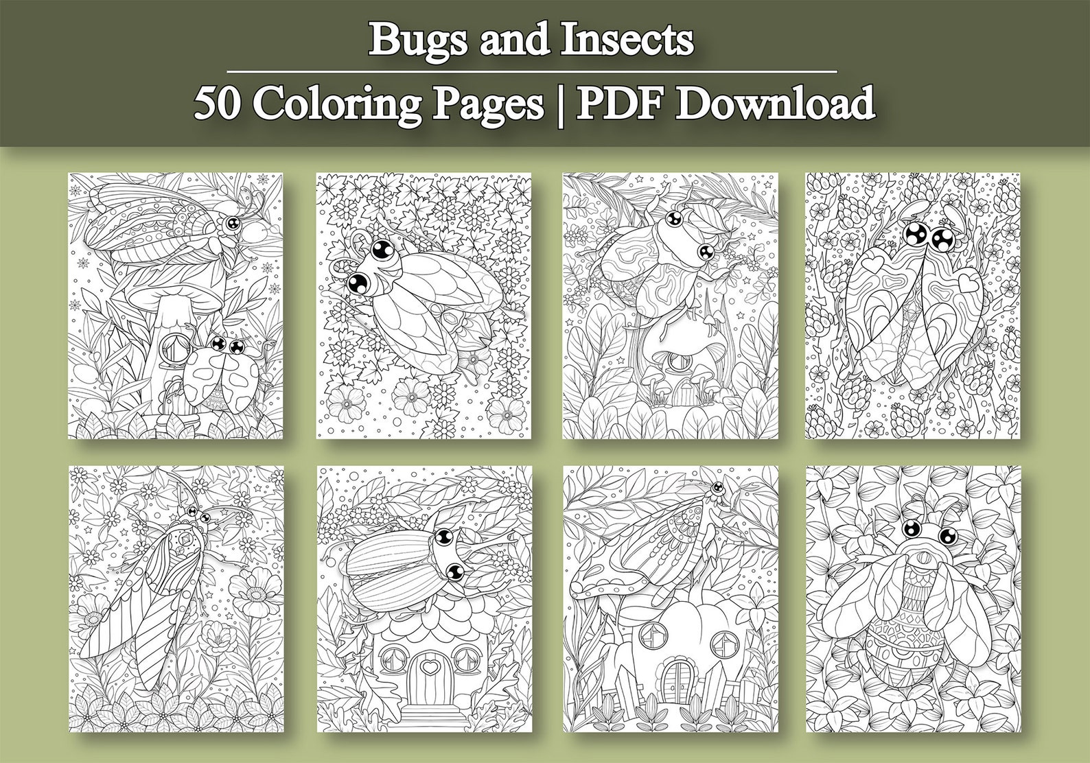 Adult Coloring Book: Bugs and Insects Adult Coloring Pages | 50 Digital ...