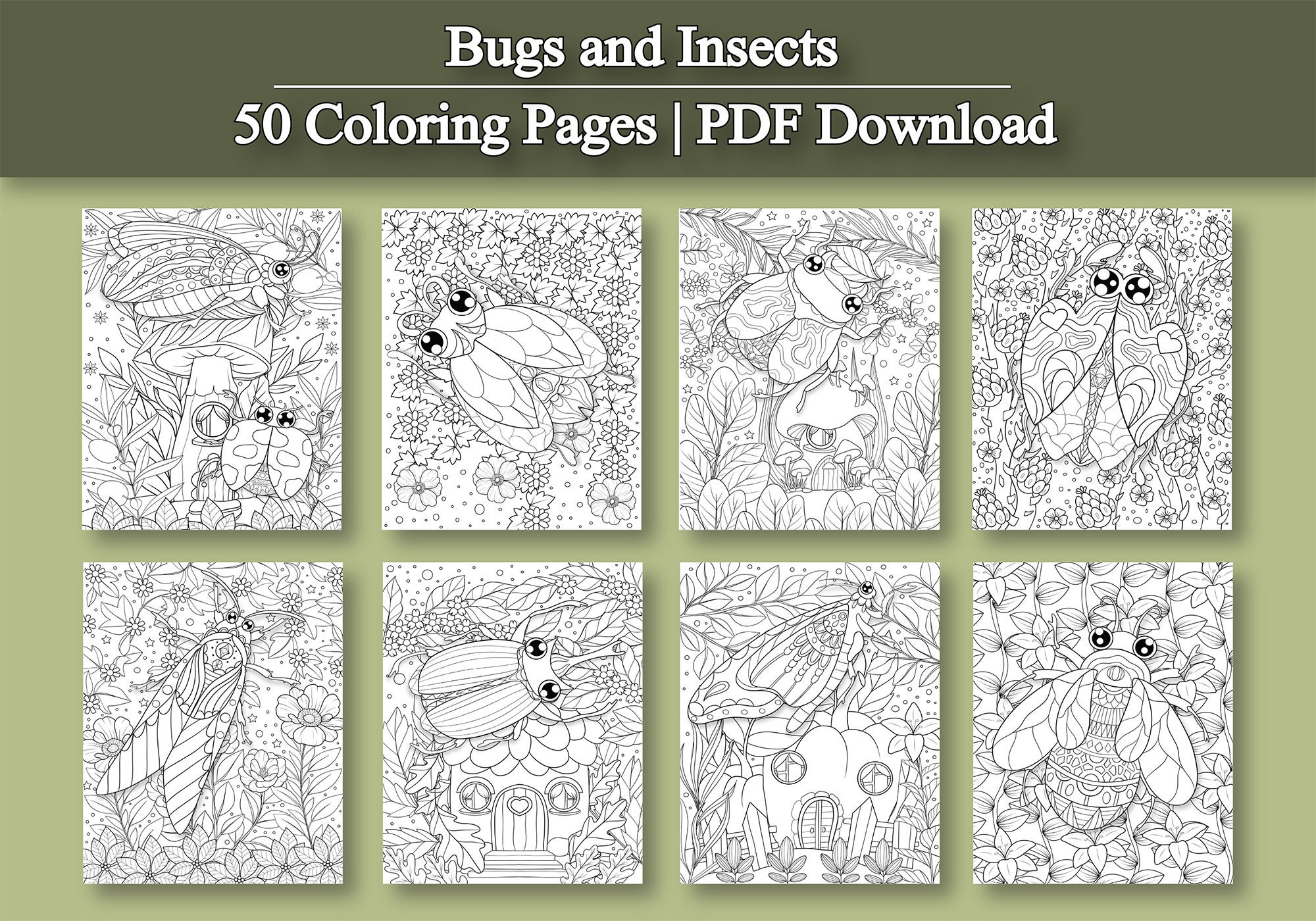 Adult Coloring Book: Bugs and Insects Adult Coloring Pages 50 Digital ...