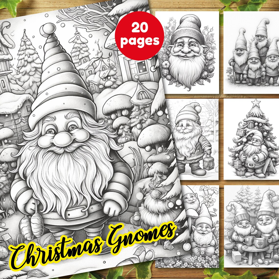 Santa Gnomes Coloring Pages, Christmas Gnomes Coloring Pages, Grayscale ...