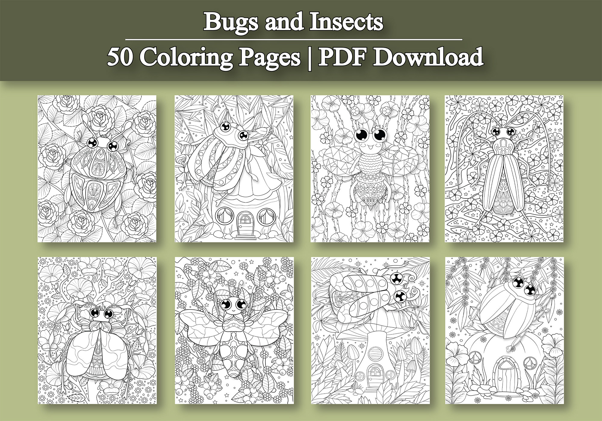 Adult Coloring Book: Bugs and Insects Adult Coloring Pages 50 Digital ...