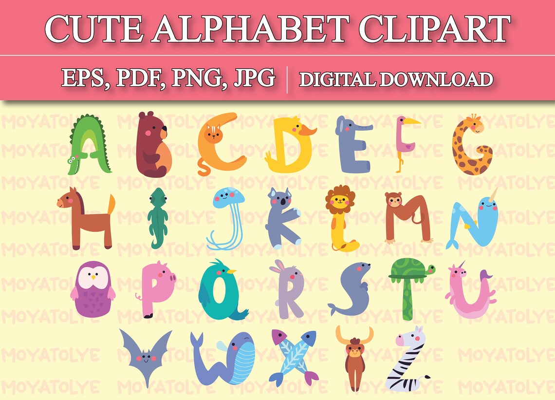 Cute Animal Alphabet Clipart, Cute Alphabet PNG, Alphabet EPS, Alphabet ...