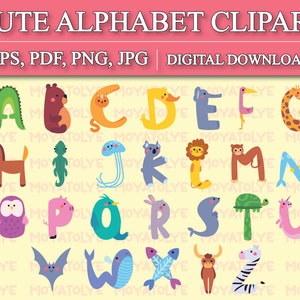 Cute Animal Alphabet Clipart, Cute Alphabet PNG, Alphabet EPS, Alphabet ...