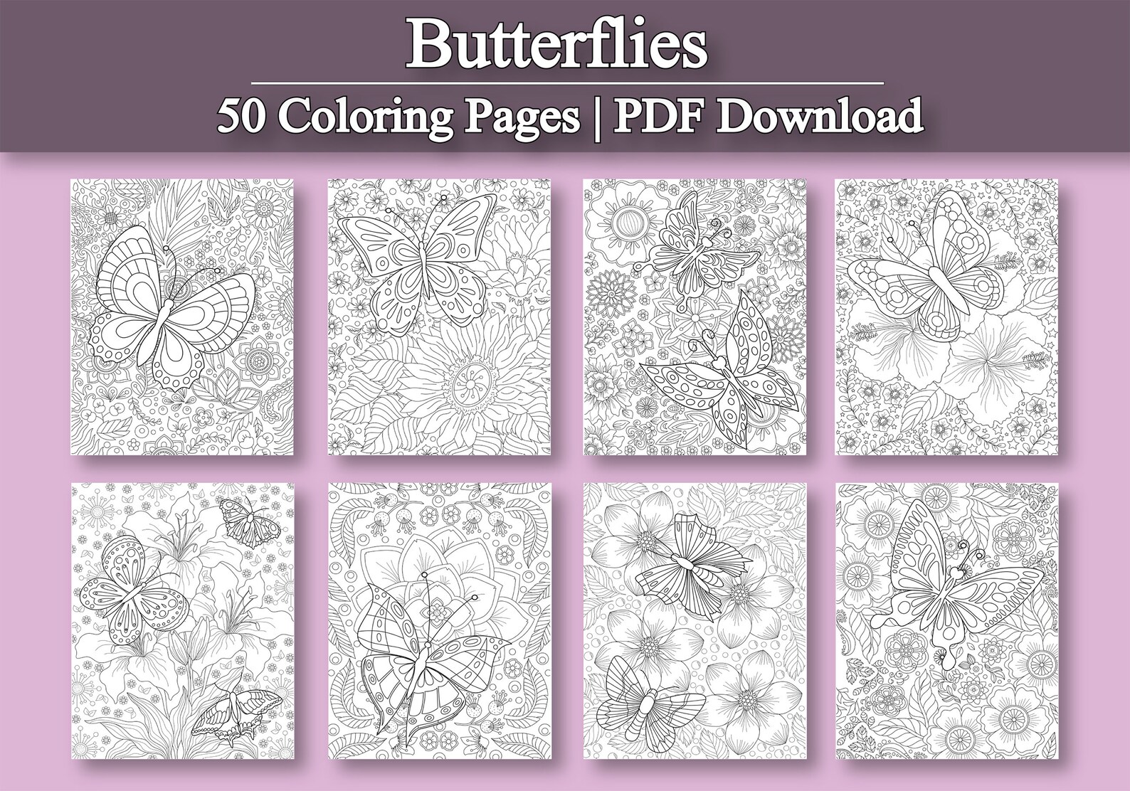 Adult Coloring Book: Butterfly Coloring Pages | 50 Digital Coloring ...