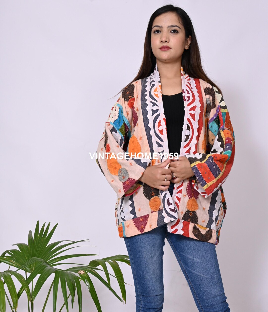 Women Cotton Patchwork Loose Fit Jacket Embroidered Applique Work Free ...